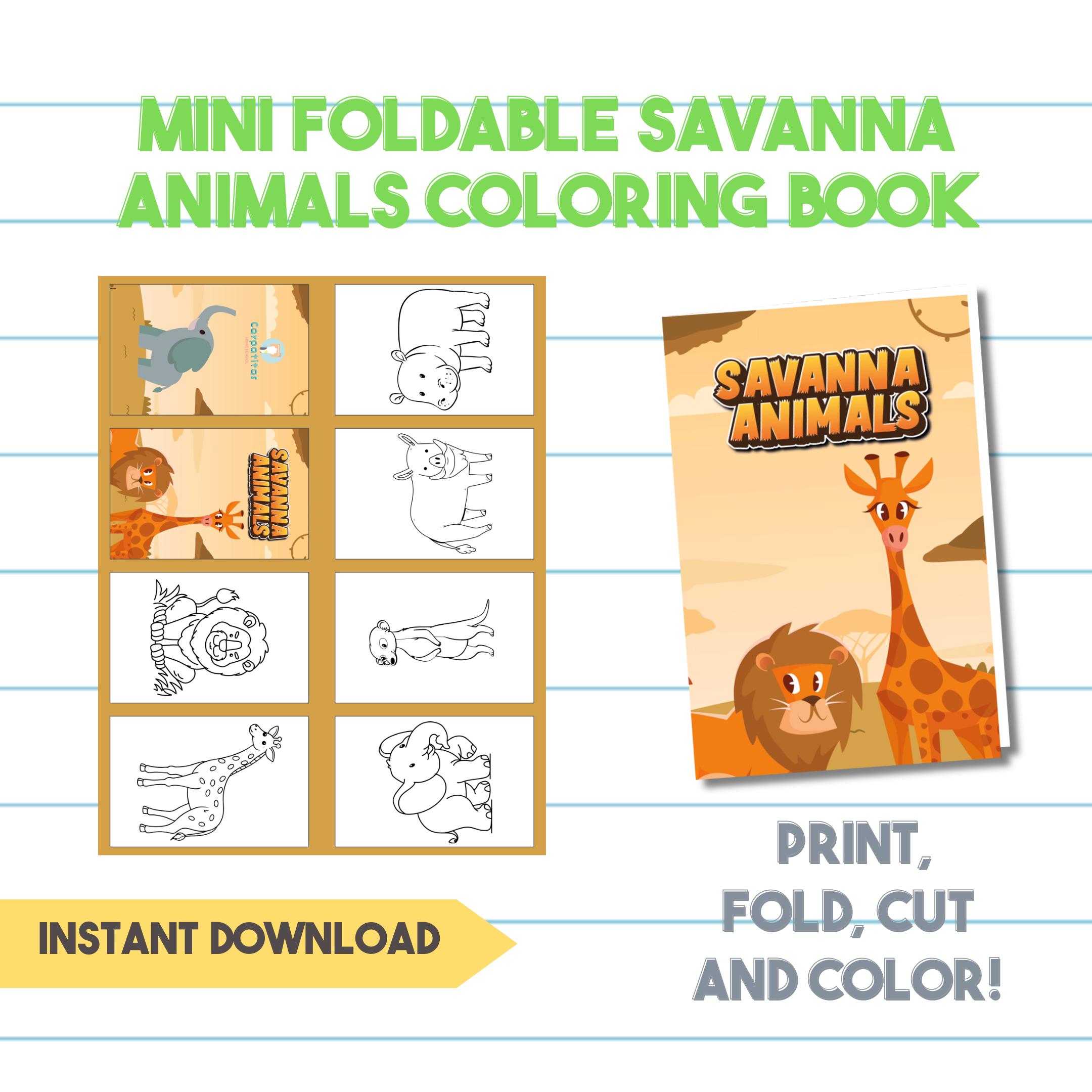 Savanna Animals Mini Coloring Book for Kids | Foldable Coloring Booklet ...