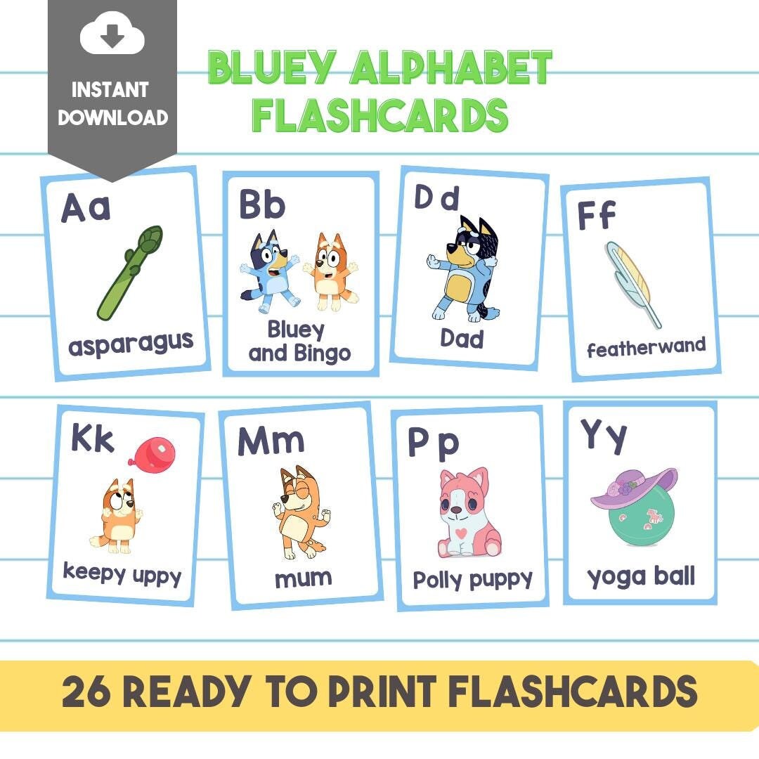 Bluey Alphabet Flashcards | Alphabet Flashcards | 26 Printable Bluey ...