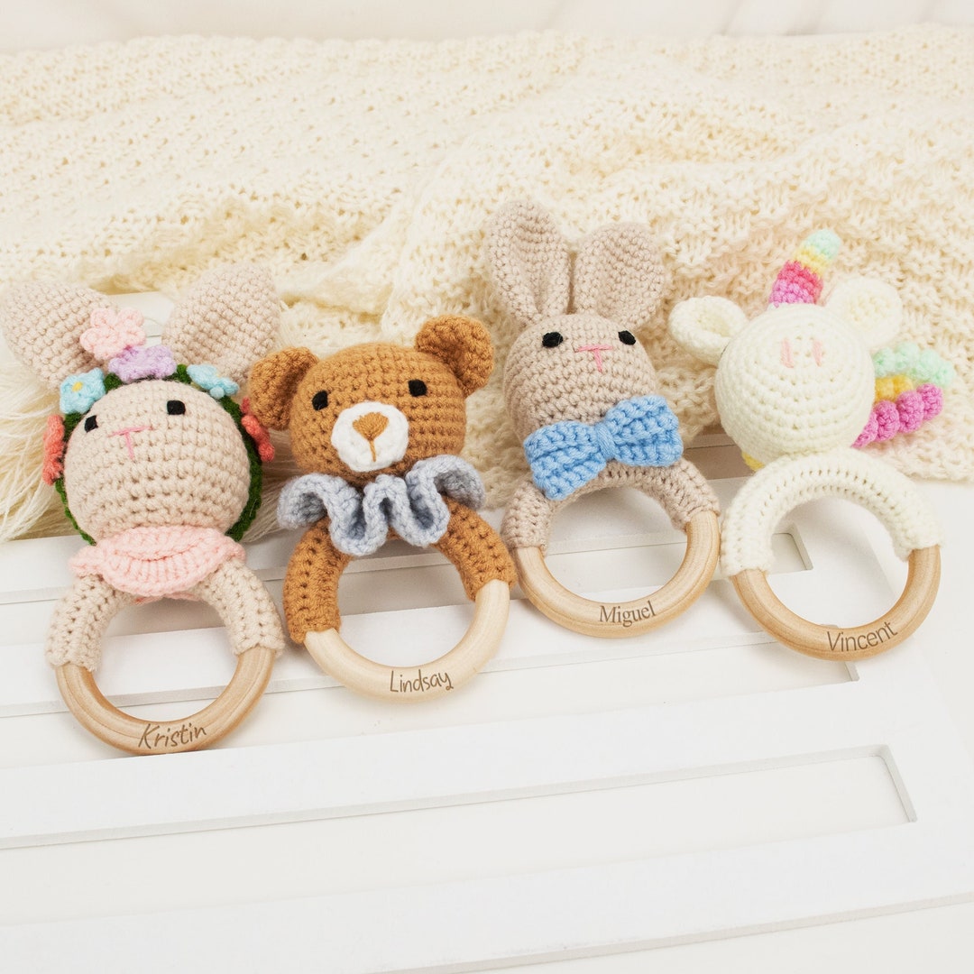 Personalized Animal Crochet Rattle, Wooden Baby Rattle Ring, Crochet ...