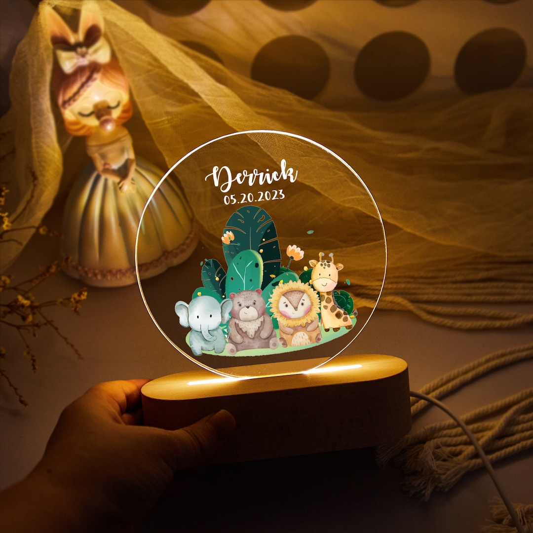 Personalised LED Animal Lamp, Kids Night Light Gift, Safari Jungle ...