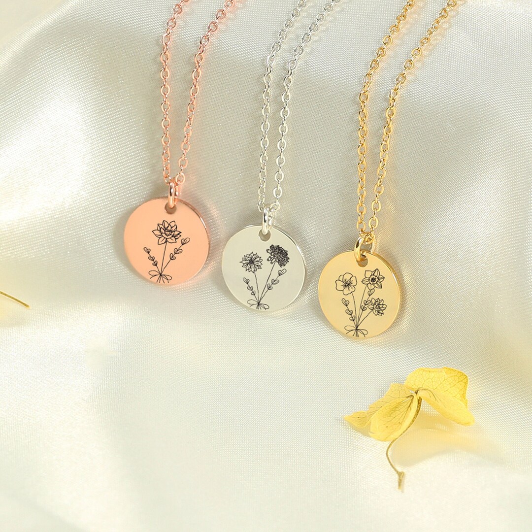 Custom Birth Flower Bouquet Necklace Engraved Flower - Etsy
