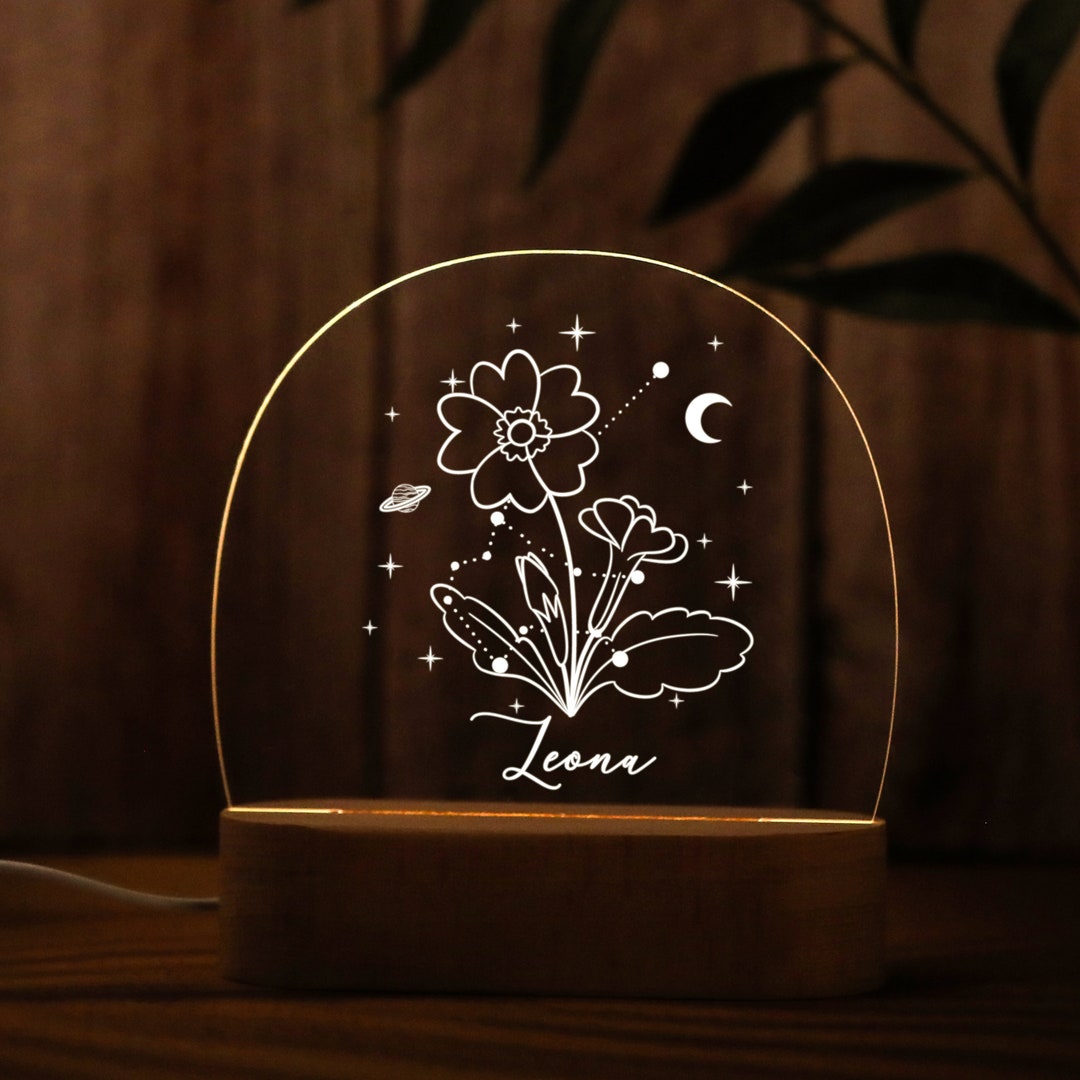 Custom Birth Flower Night Light With Zodiac Sign, Kids Floral Night ...