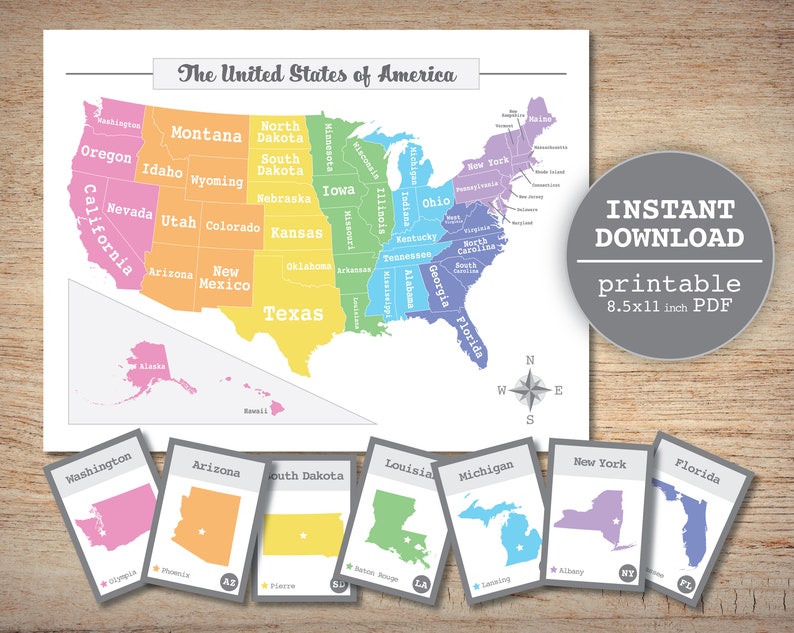 Printable US Map and 50 State Flashcards for Geography Homeschool ...