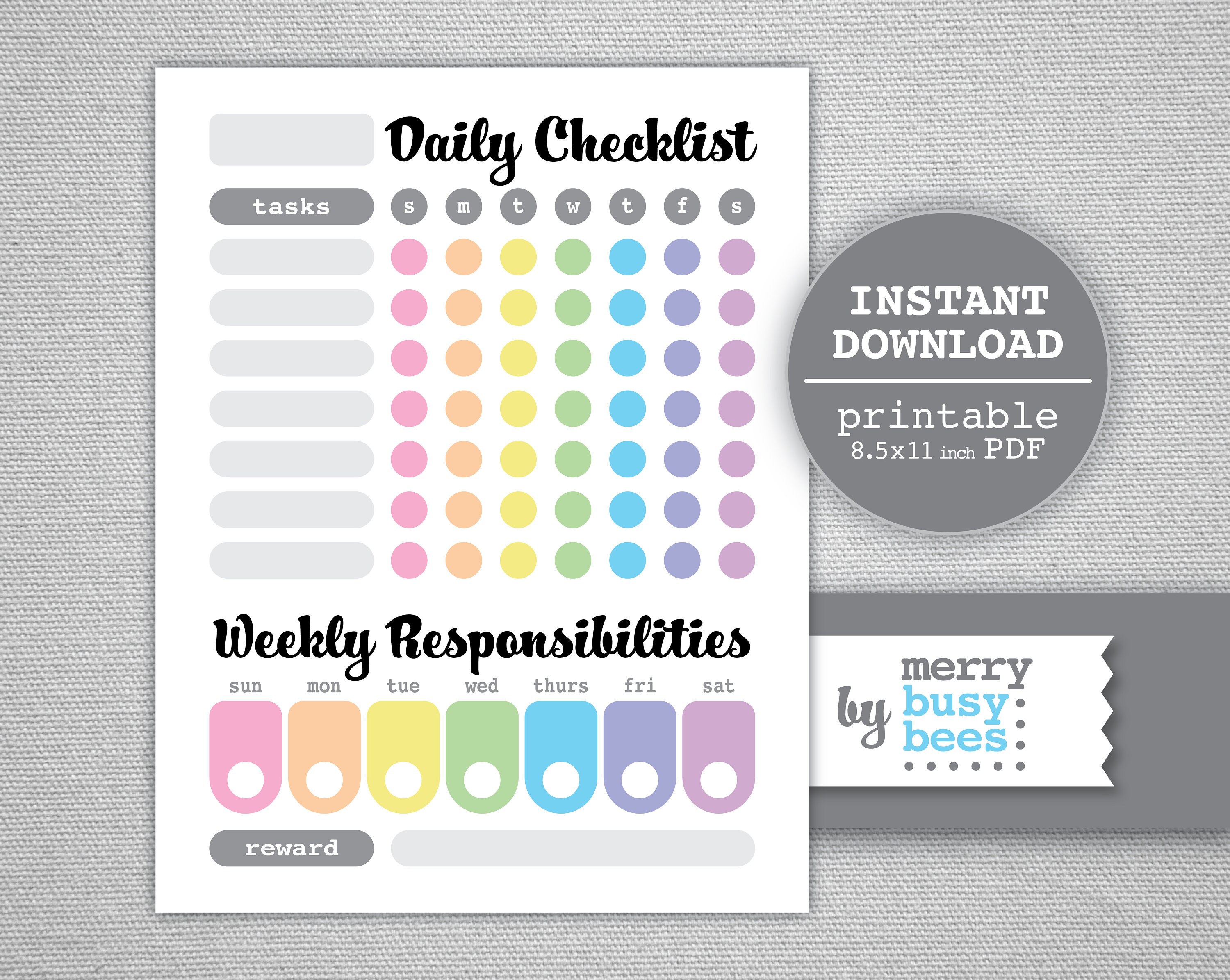 Printable Daily Checklist and Weekly Responsibilities for Kids - Etsy