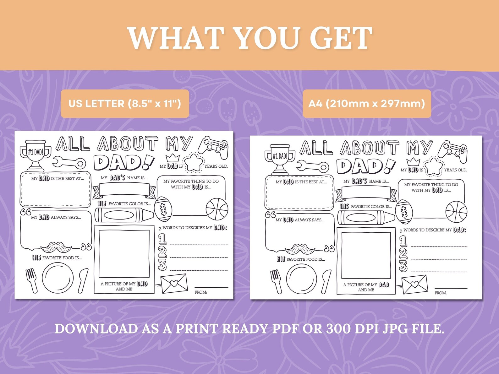 All About My Dad Printable Fill in the Blank Questionnaire Coloring ...