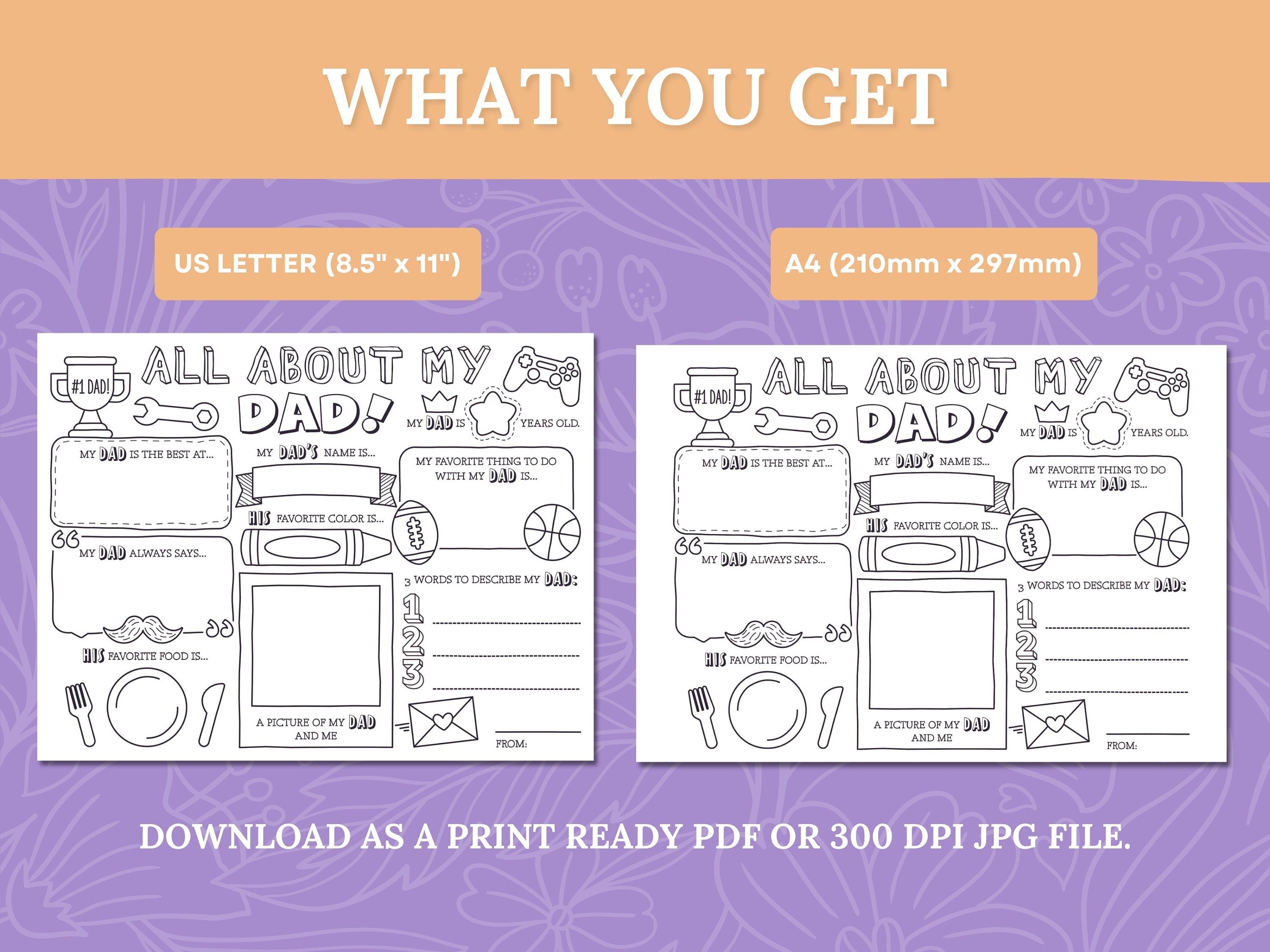 All About My Dad Printable Fill in the Blank Questionnaire Coloring ...