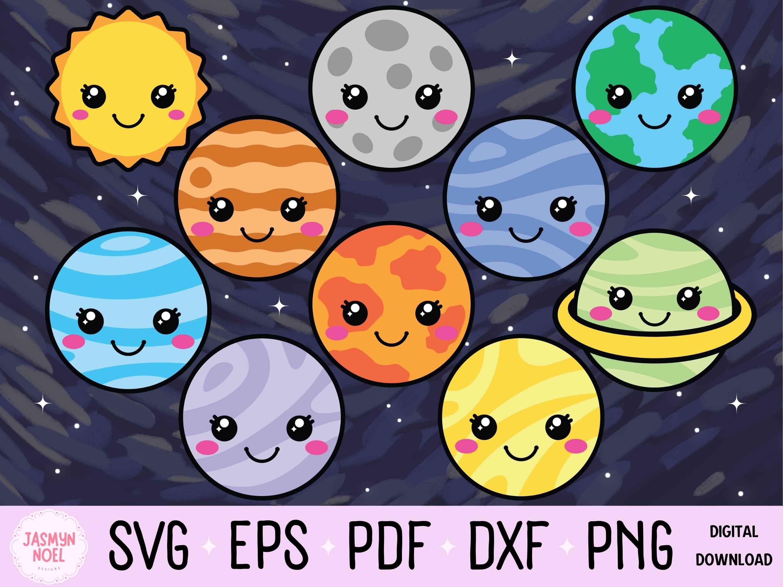 Kawaii Planets in Outer Space SVG, PNG, Clipart for Solar System Model ...