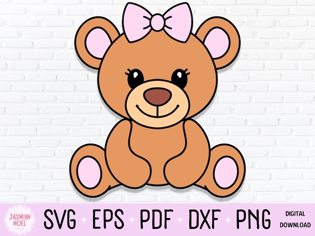 Cute Brown Girl Teddy Bear Pink Bow Clipart, PNG, DXF, SVG Cut File for ...