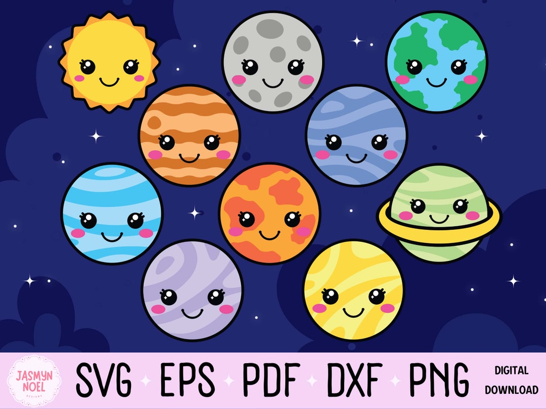 Kawaii Planets in Outer Space SVG, PNG, Clipart for Solar System Model ...