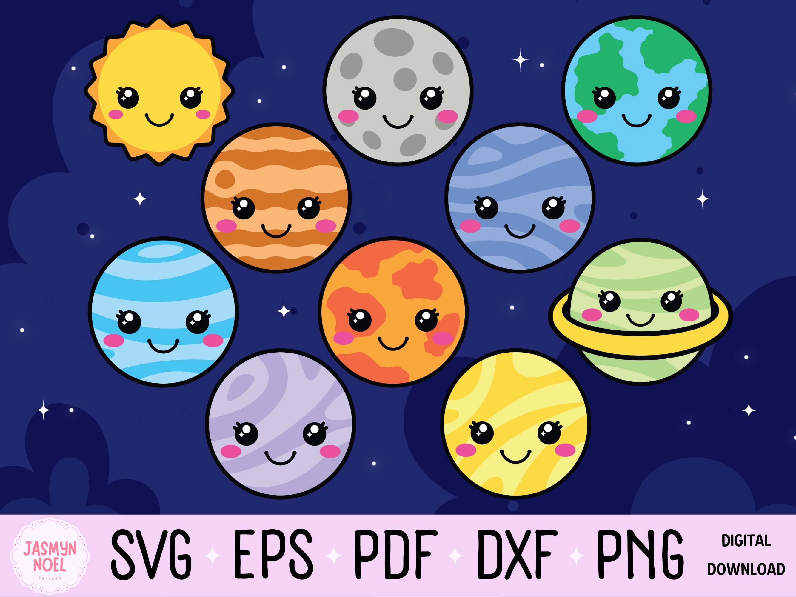 Kawaii Planets in Outer Space SVG, PNG, Clipart for Solar System Model ...