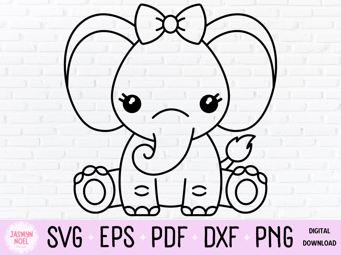 Girl Elephant Outline SVG, PNG, & DXF Clipart for Baby Girl Gender ...