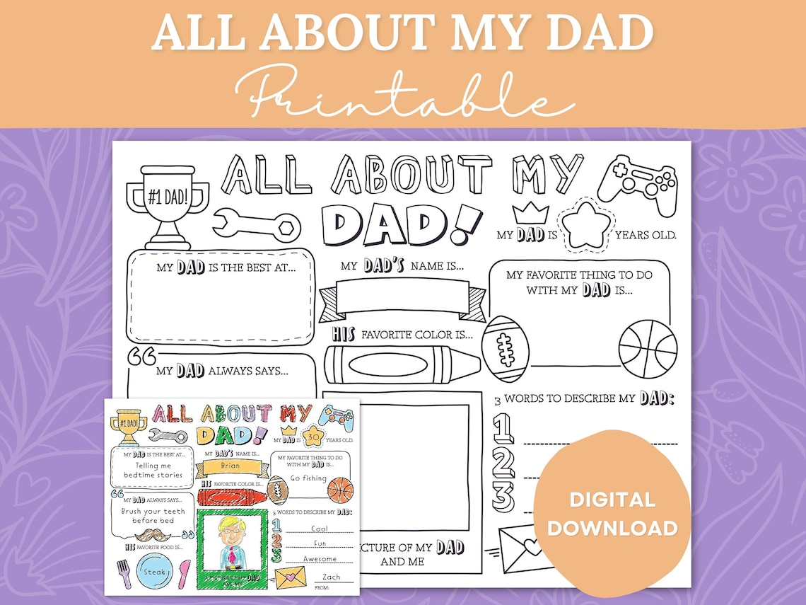 All About My Dad Printable Fill in the Blank Questionnaire Coloring ...