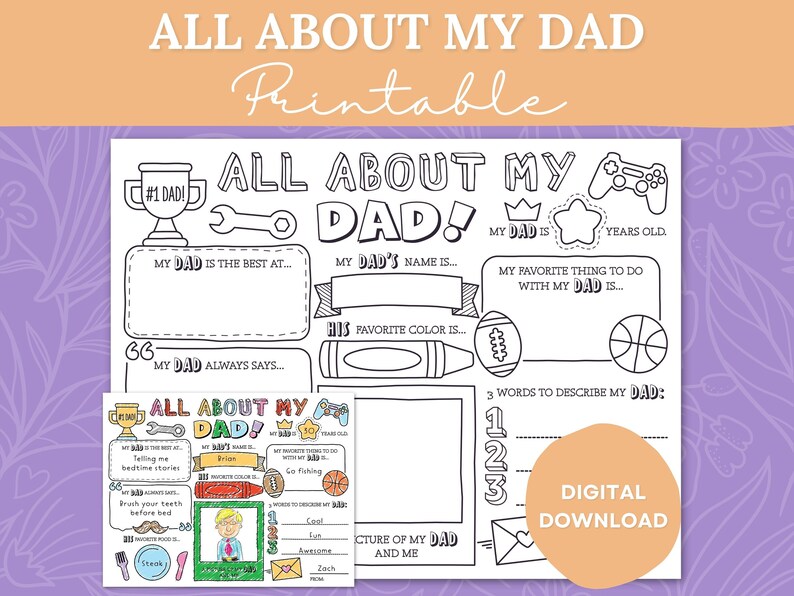 All About My Dad Printable Fill in the Blank Questionnaire Coloring ...