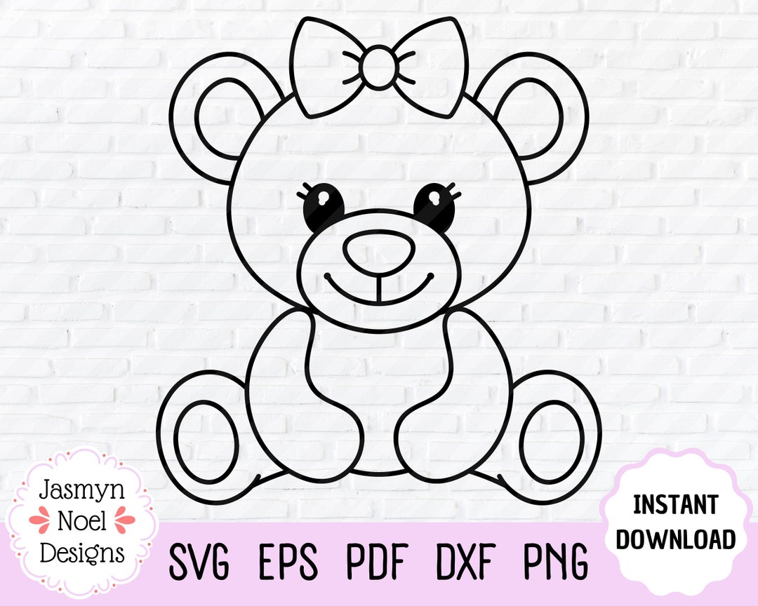 Girl Teddy Bear With Bow Outline & Line Art Clipart PNG DXF - Etsy