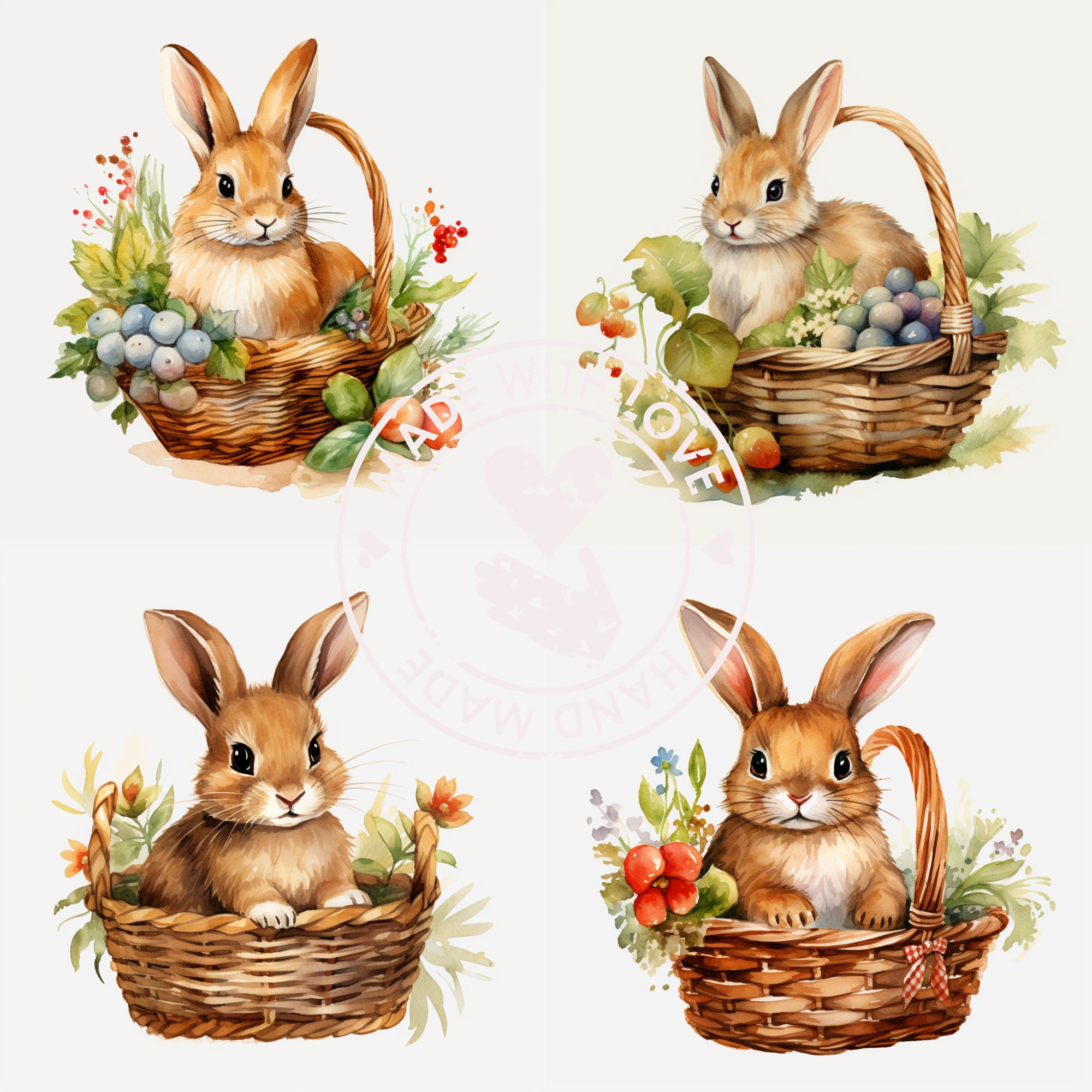 RABBIT BASKET Png , Water Color CLIPART, Farm Animals Png, Digital ...