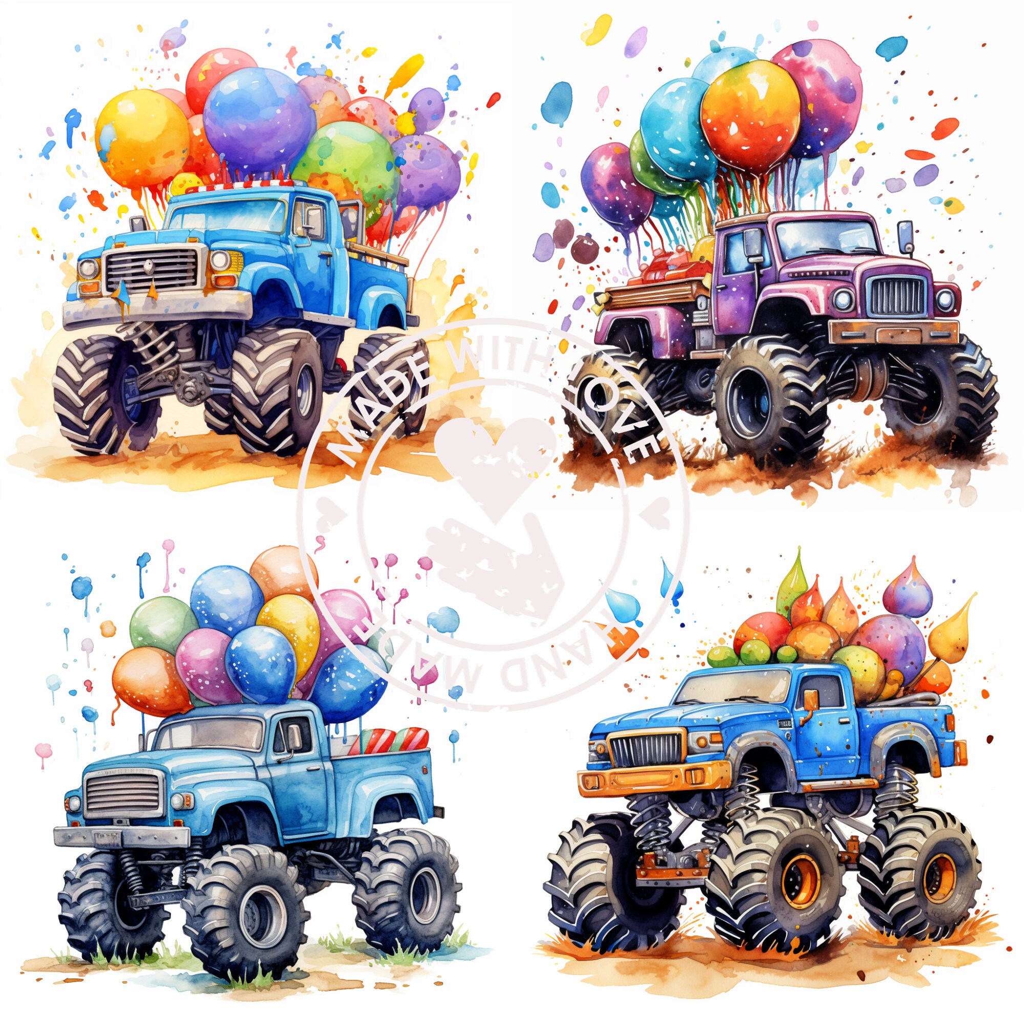Monster Truck Birthday Party Clipart: Watercolor Balloons (digital ...