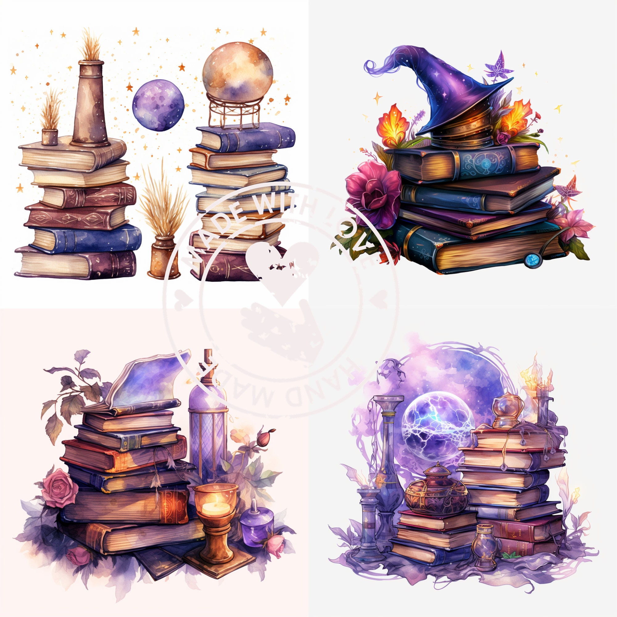 WIZARD BOOKS Png, Watercolor CLIPART Magical, Fantasy Transparent ...