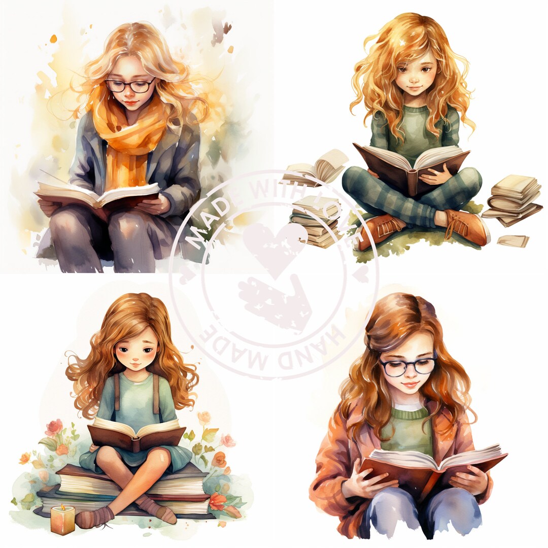 Girl Reading Watercolor Clipart ,jpgs, Student Girl Clipart,girl ...