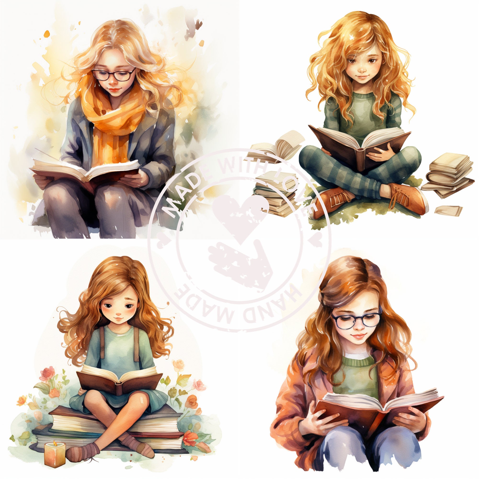 Girl Reading Watercolor Clipart ,jpgs, Student Girl Clipart,girl ...