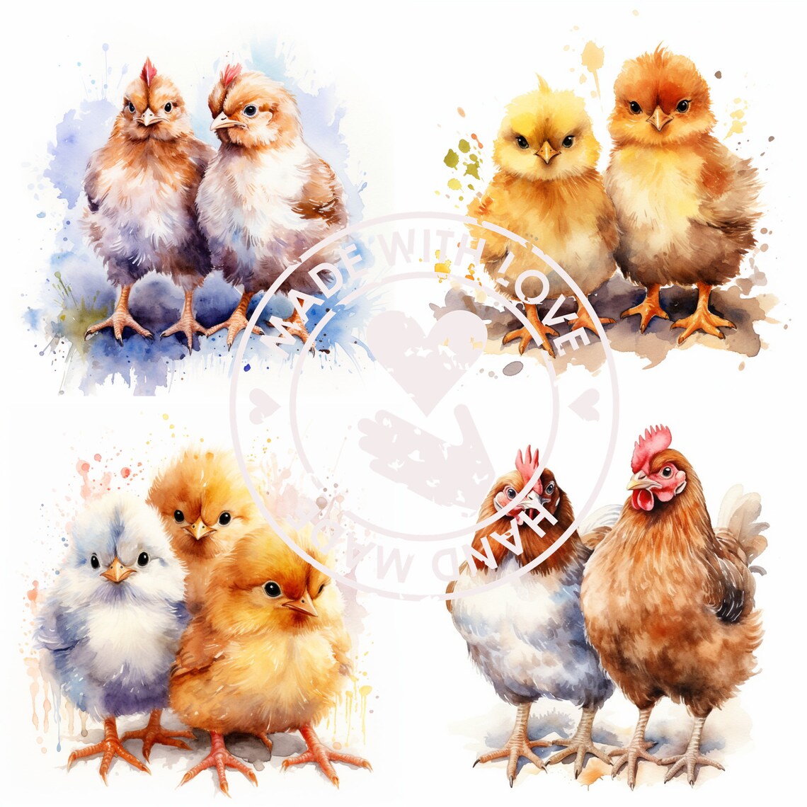 Watercolor Chicken , Cute Chickens and Chicks, Farm Animal , High ...
