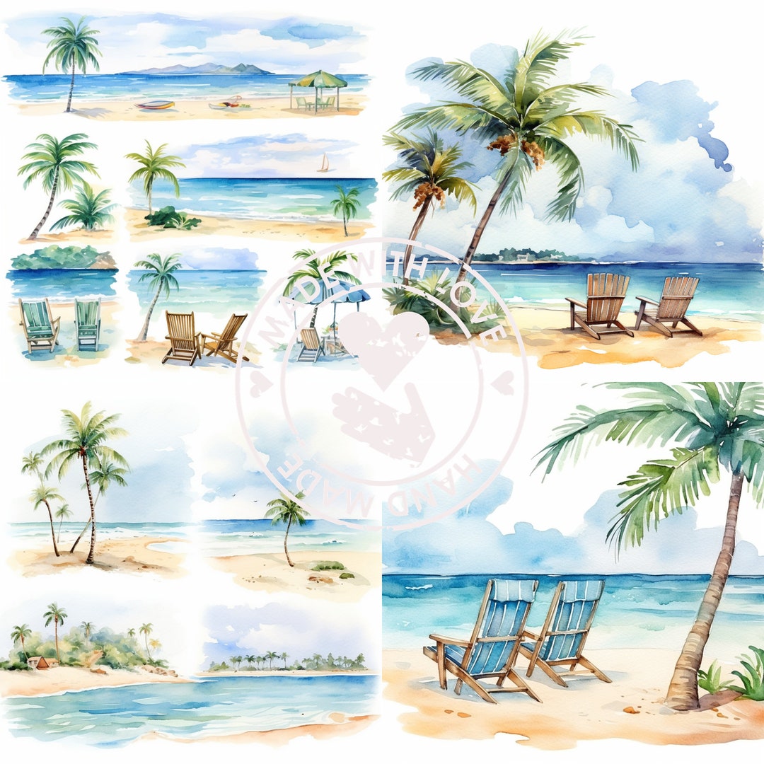 Beach Views Watercolor Clipart: Summer Seaside Designs (digital ...
