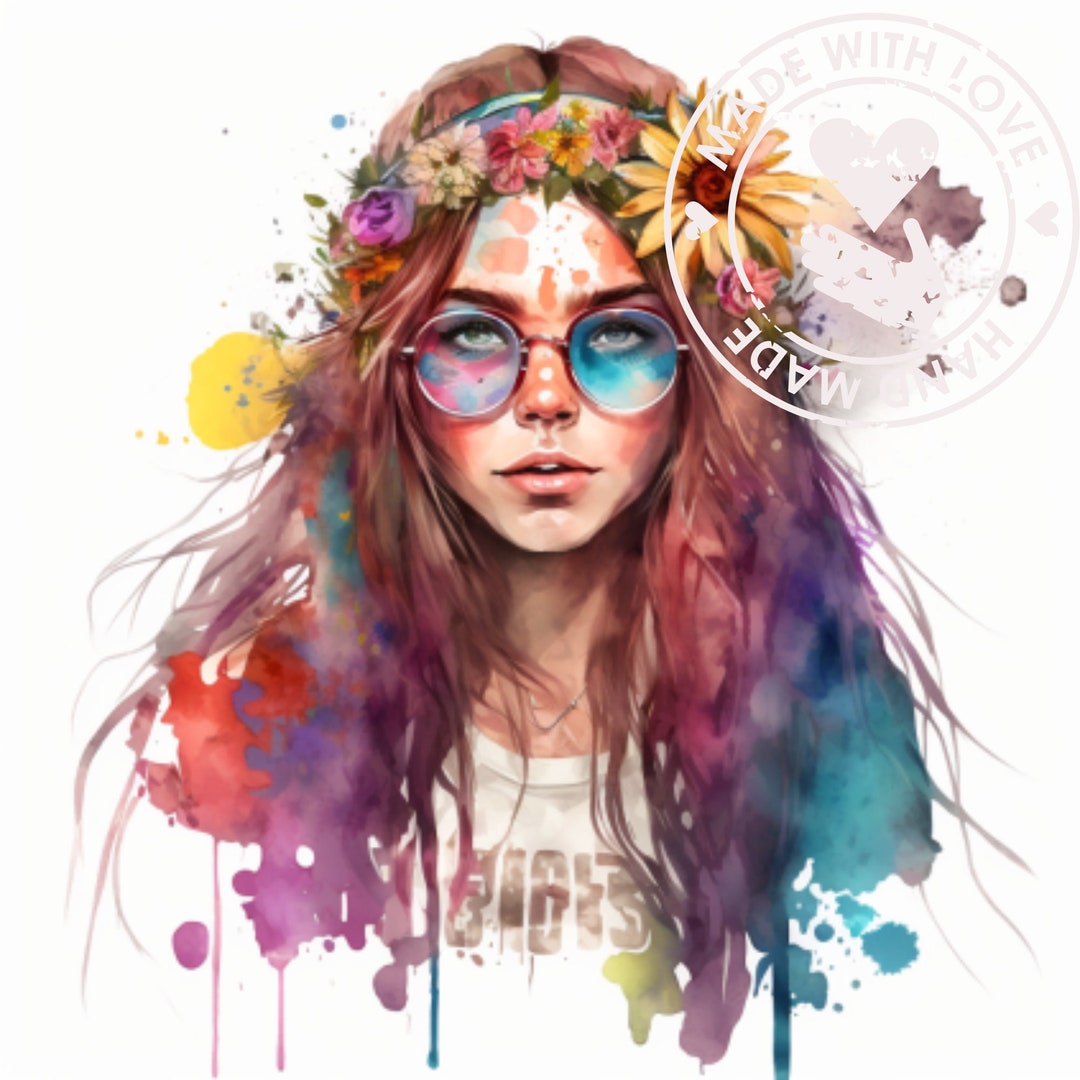 Vintage Hippie Girl PNG , Retro Hippy Graphics, Clipart Bundle ...