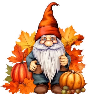 Autumn Cute Gnome JPG Watercolor Fall Garden Gnome Clipart Pumpkin ...