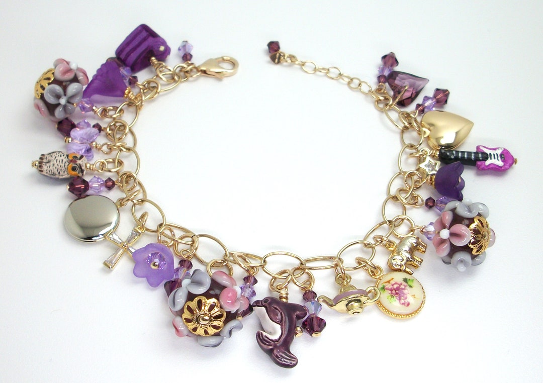 Unique Purple Charm Bracelet, 14kt Gold Gf Charm Bracelet, Vintage ...