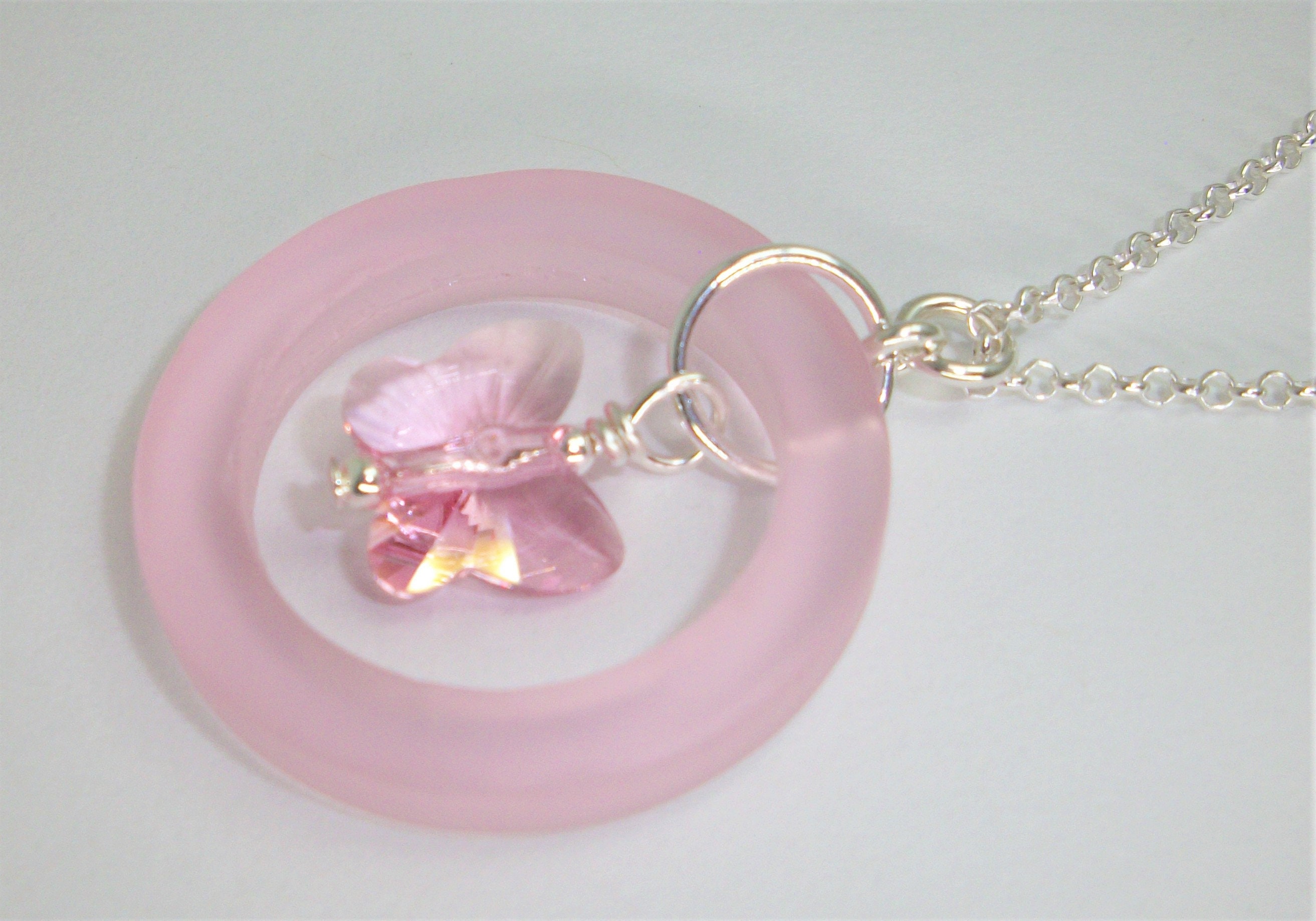 Swarovski Pink Crystal Butterfly Necklace Pink Sea Glass - Etsy