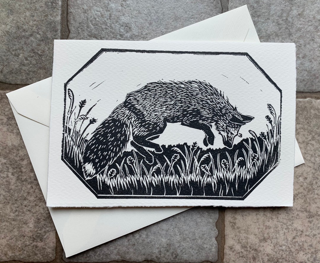 Jumping Fox Linocut Greeting Card - Etsy