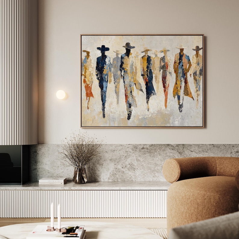 Cowboy Wall Art, Abstract Western Figures Painting on Neutral Canvas ...