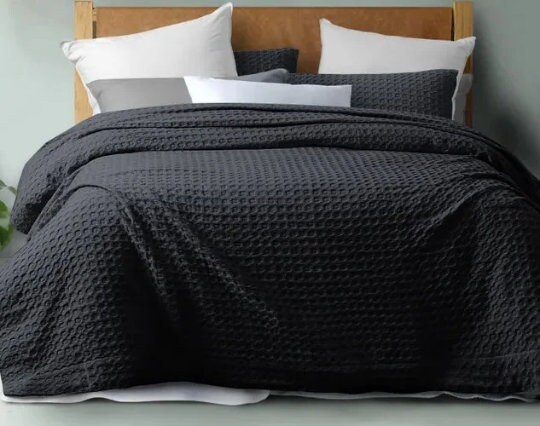 Waffle Duvet Cover in Black Color Set, Cotton Bedding With Pillowcase ...