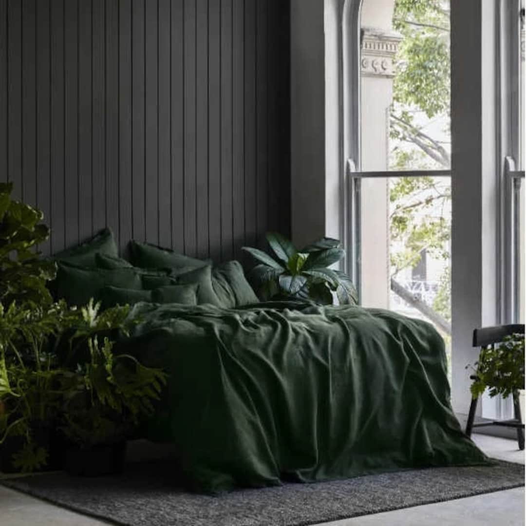 Linen 100% Pure Forest Green Duvet Cover With Button Closure Luxurious ...