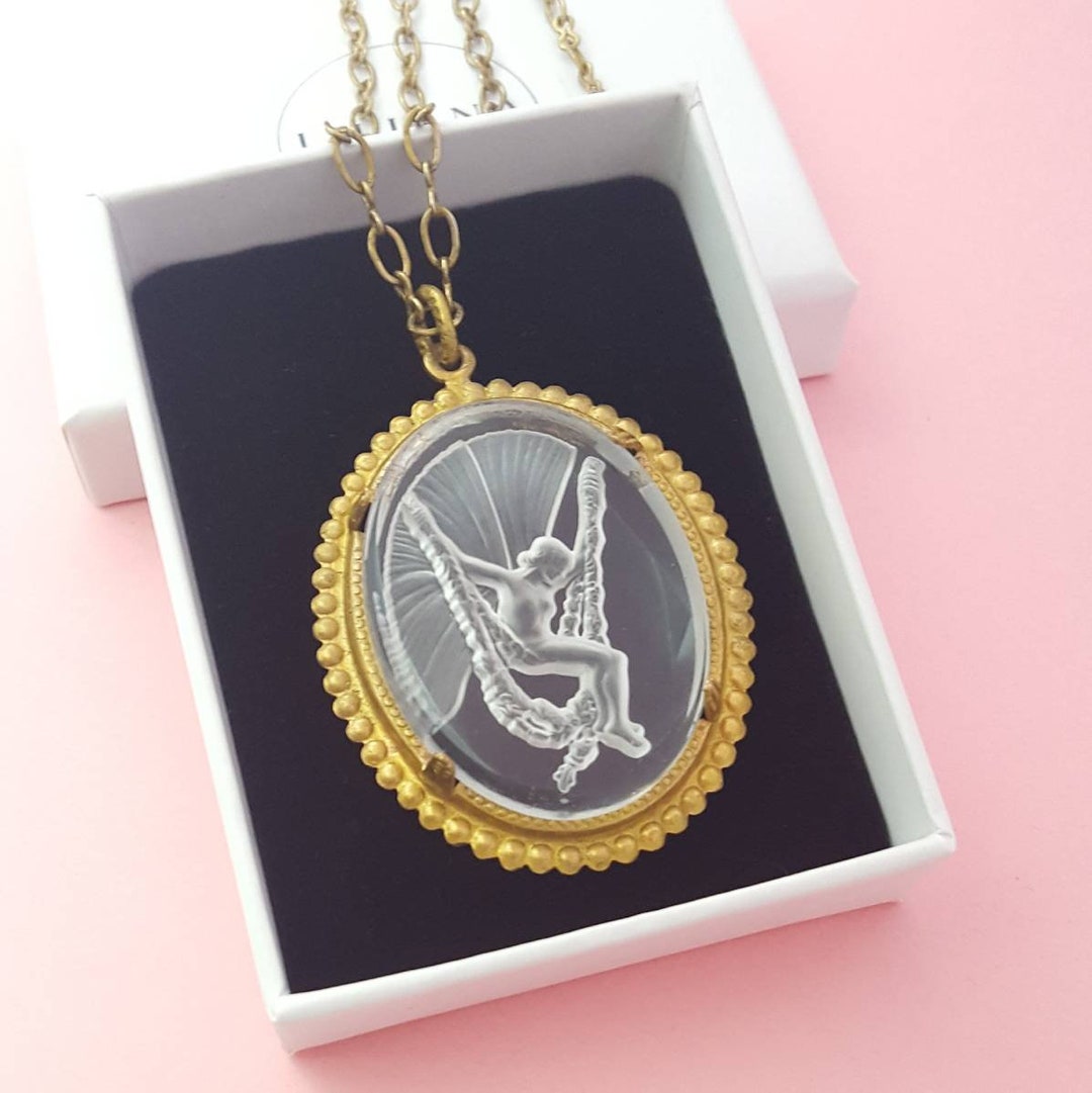 Lucite Intaglio Reverse Carved Fairy on a Swing Pendant | Gold Tone ...