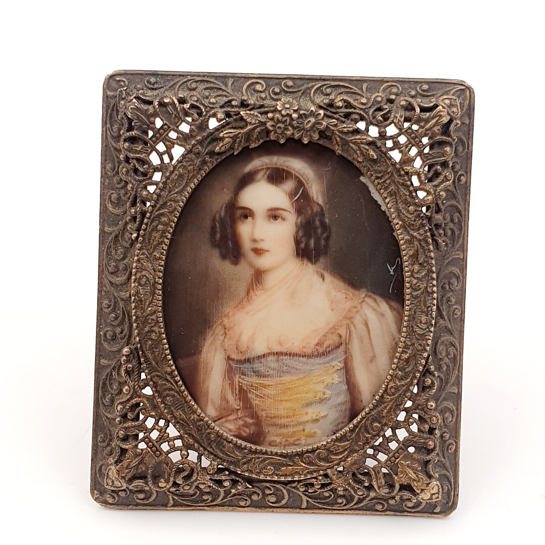 Hand-painted Miniature Portrait in Brass Easel Frame – Vintage Plastic ...