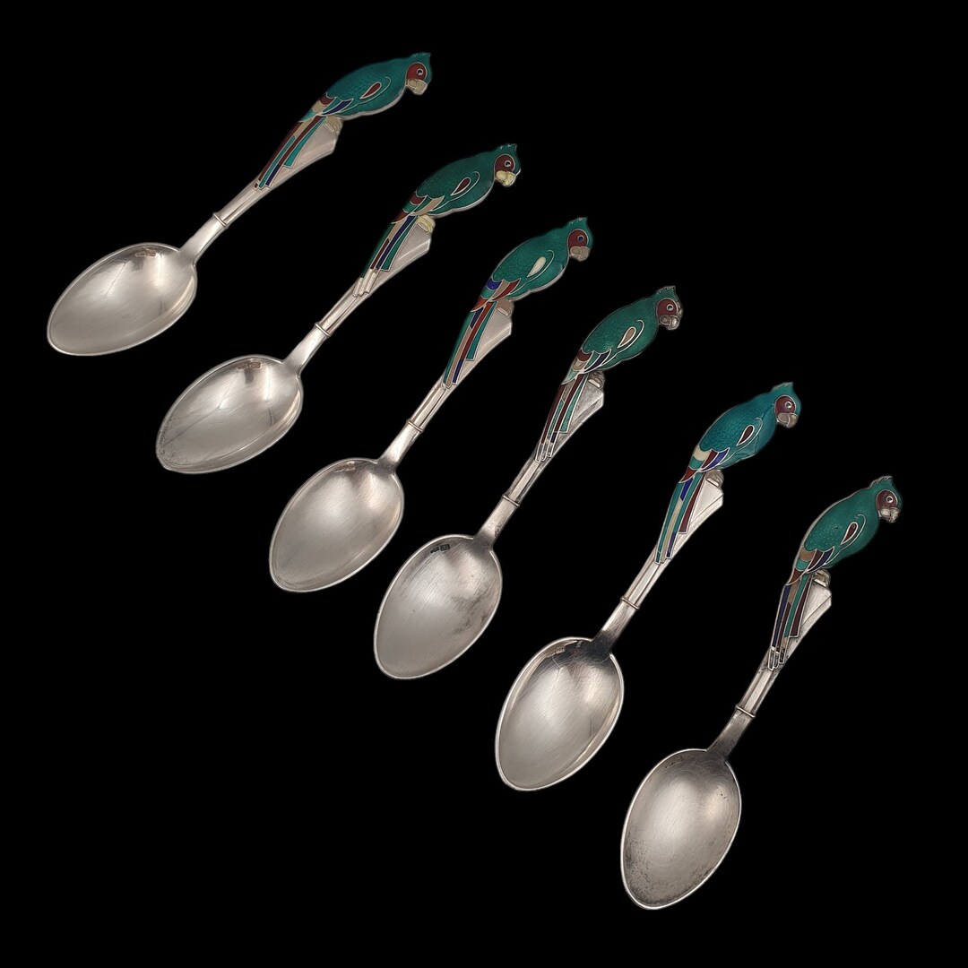 Vintage Silver Spoons Set (6 Pcs) – Enamel Parrot Design, ТФ7-916 Mark ...