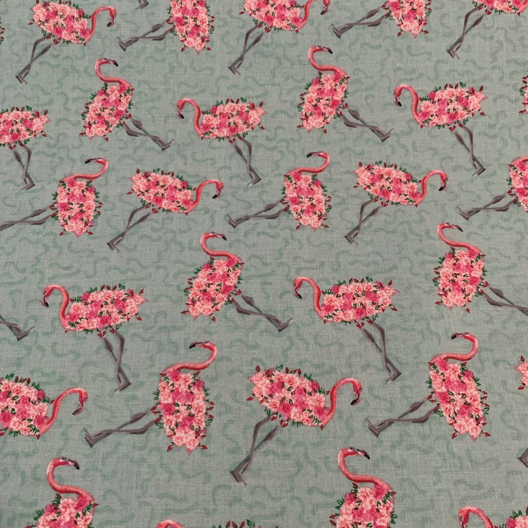 Pink Flamingo Mint Green Fabric, Flamingo Fabric, Animal Fabric, Cotton ...