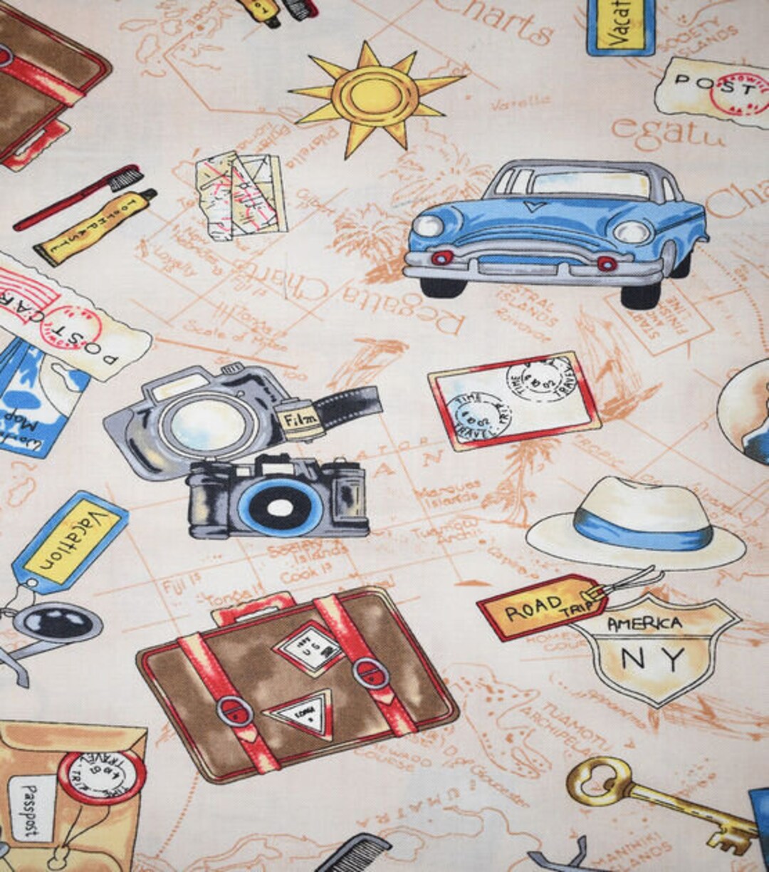 Travel Cotton Fabric, Travel Accessories Fabric, Map Fabric, Vacation ...