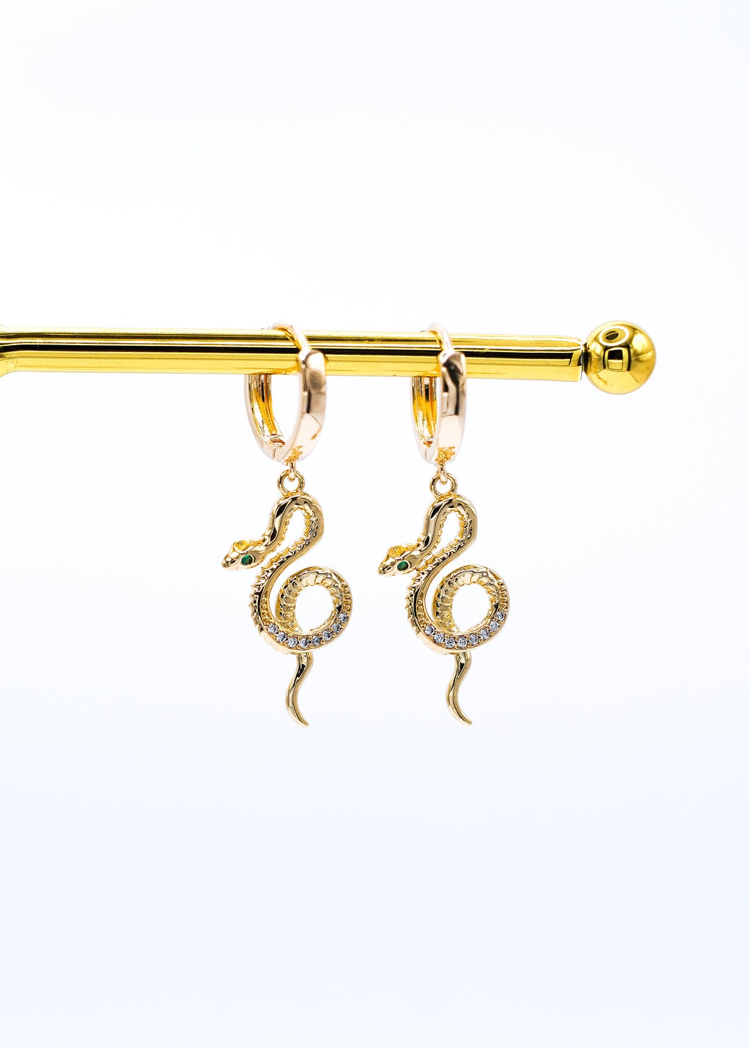 Gold Plated Snake Huggie Hoop Earrings, Snake Jewellery, Cubic Zirconia ...
