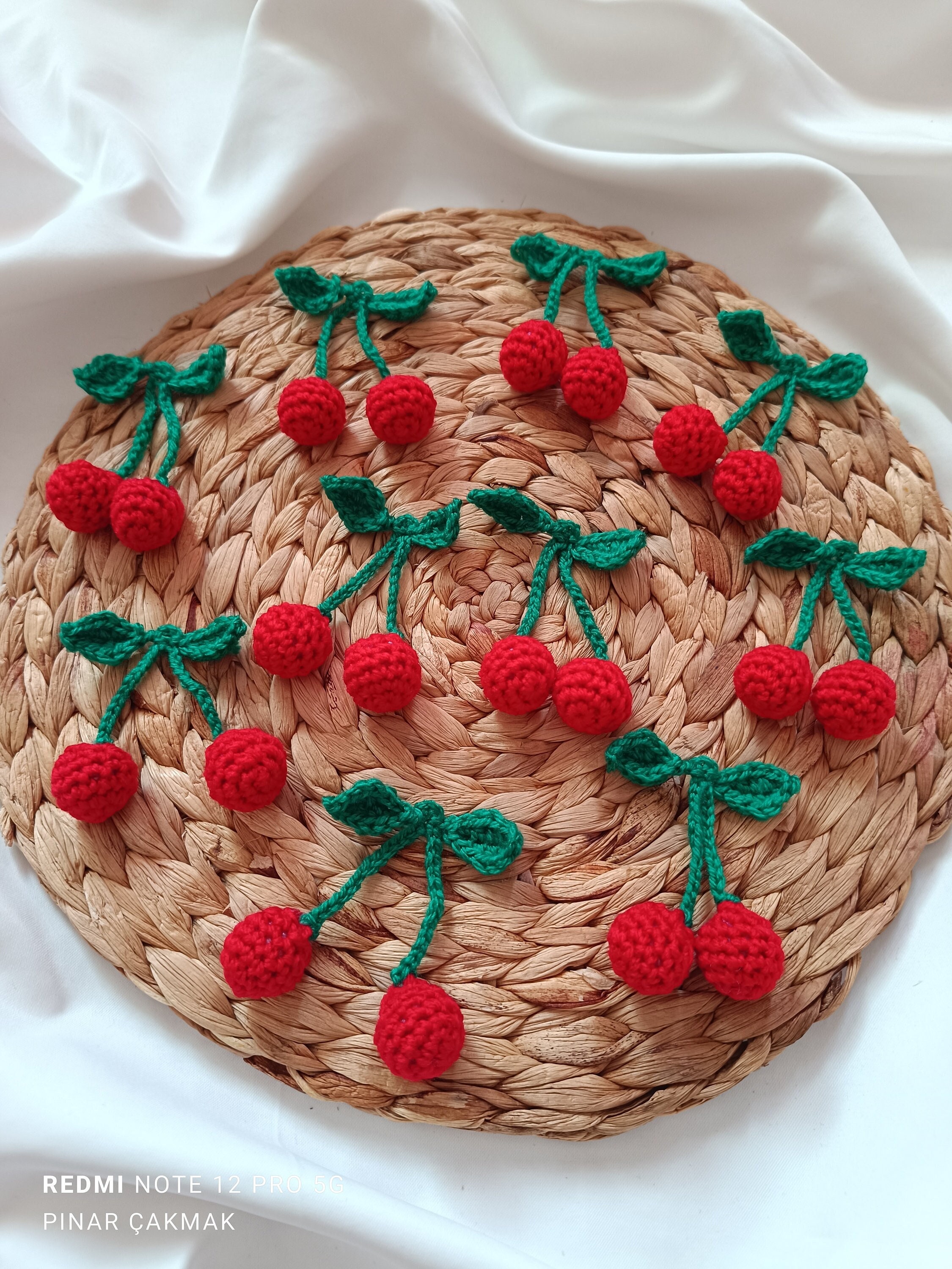 3D Crochet Cherry Applique – Handmade Fruit Ornament, Crochet Cherry ...