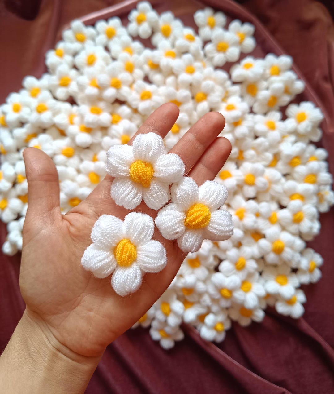 Crochet Mini Puffy Daisy, Hand Knitted Flower Appliques, Gift Knitted ...