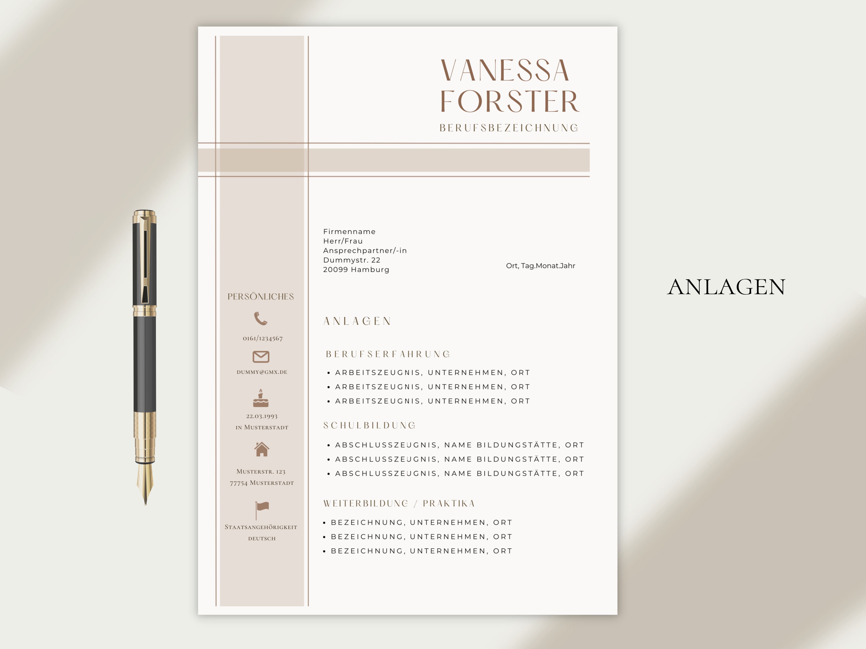 Application Templates German Tabular CV Template Cover Sheet - Etsy