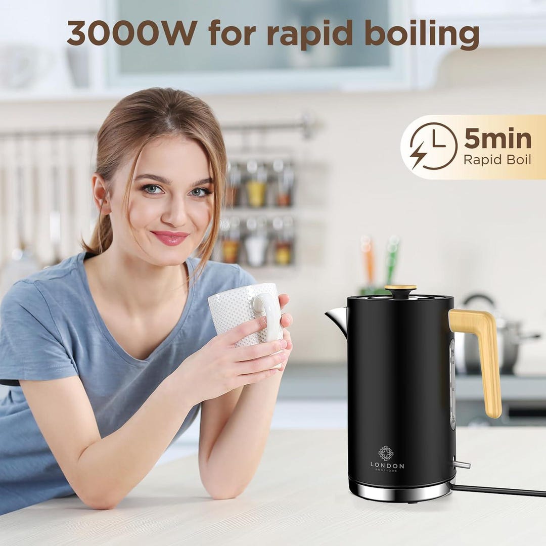 Black Electric Kettle, Stainless Steel, Cordless Fast Boil With Wood ...