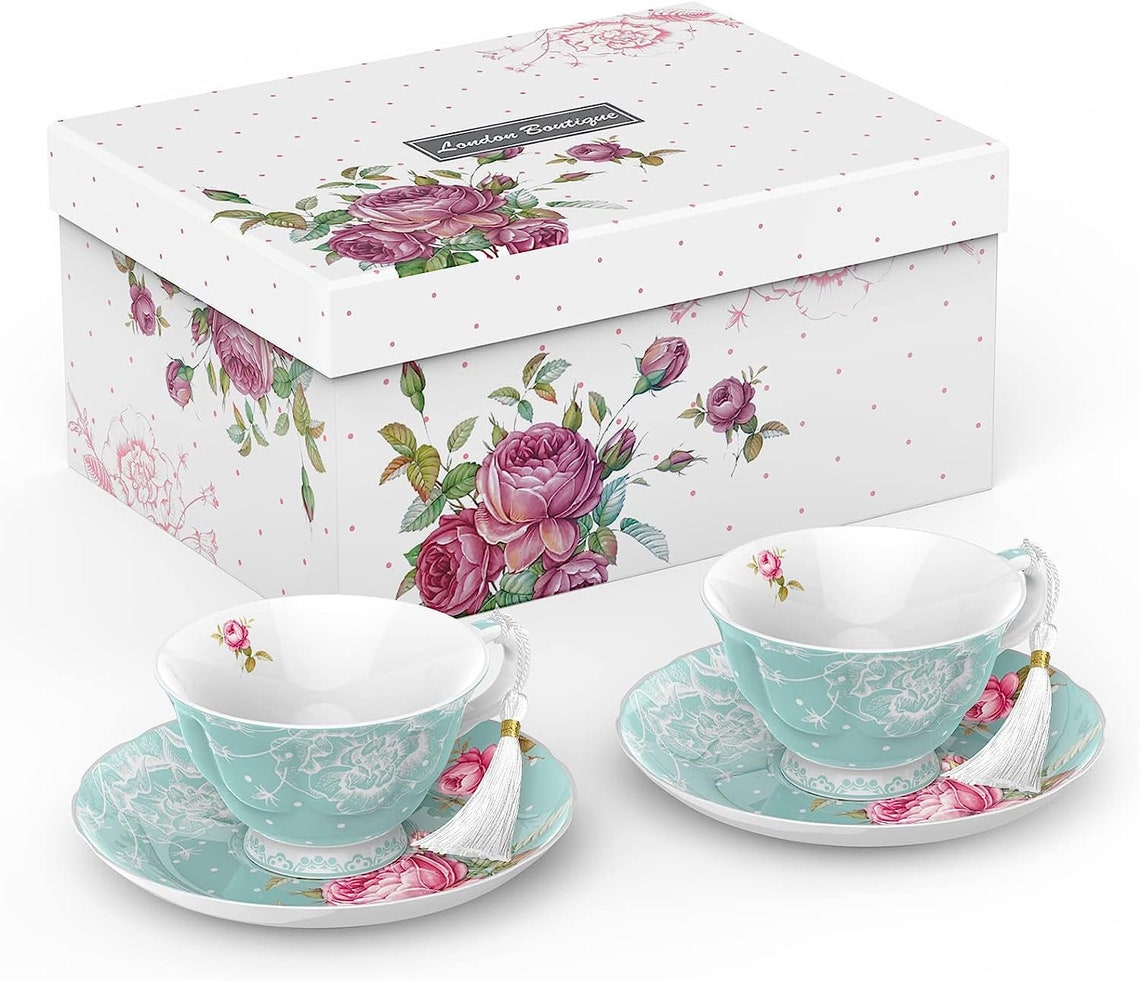 Turquoise Porcelain Tea Set: 3-tier Cake Stand, Cups, Saucers, Plates ...