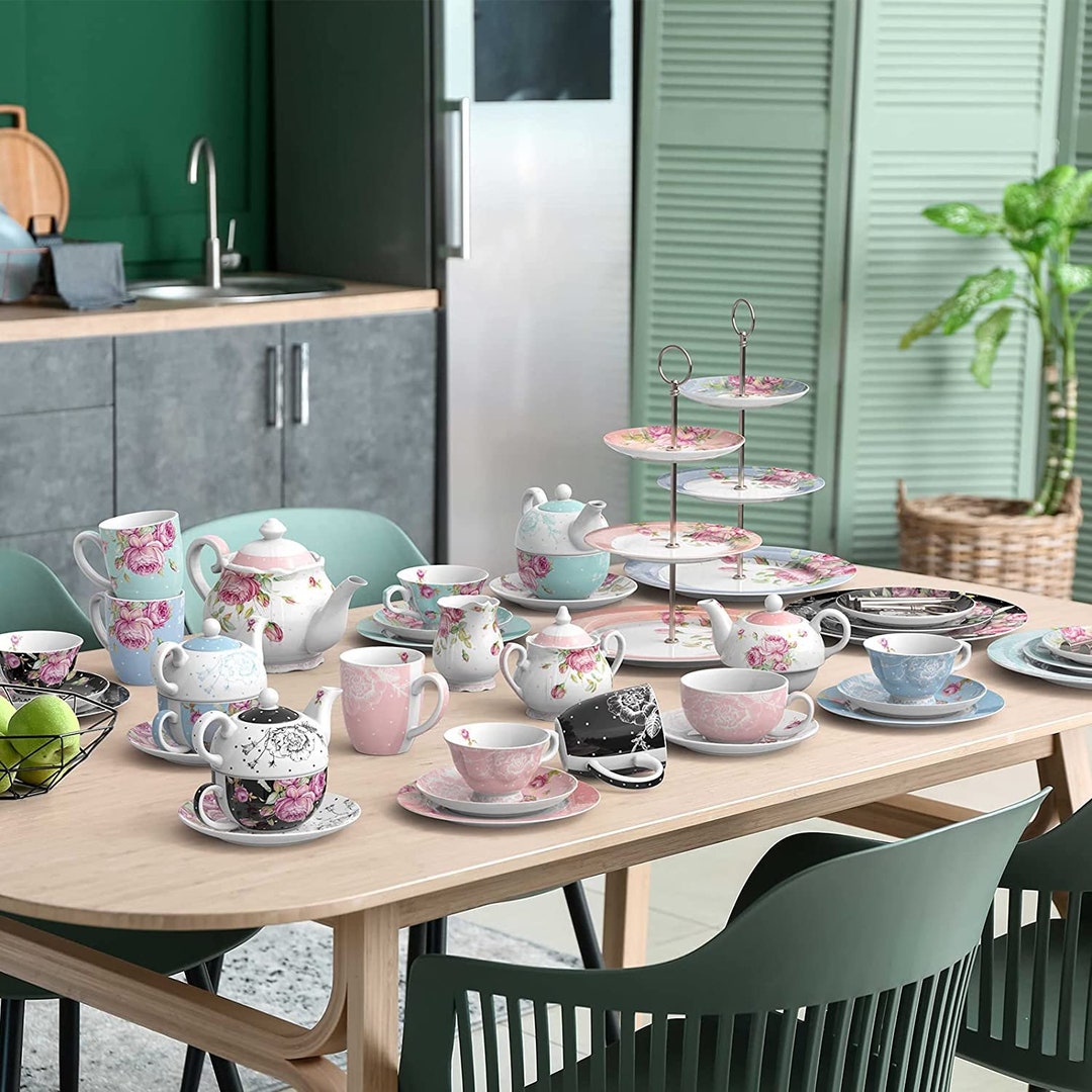 Pink Rose Porcelain Tea Set: Teapot, Cups, Saucers & Cake Stand - Etsy UK