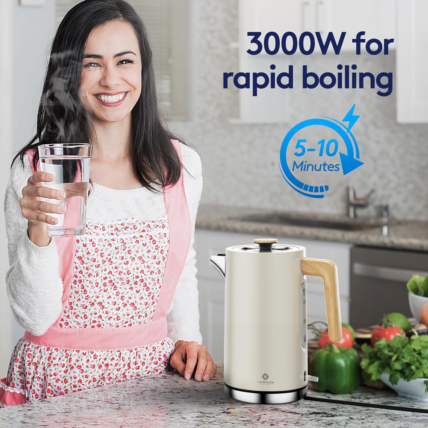 Stainless Steel Fast Boil Kettle, Cordless Kettles Electric, 3KW Quiet ...