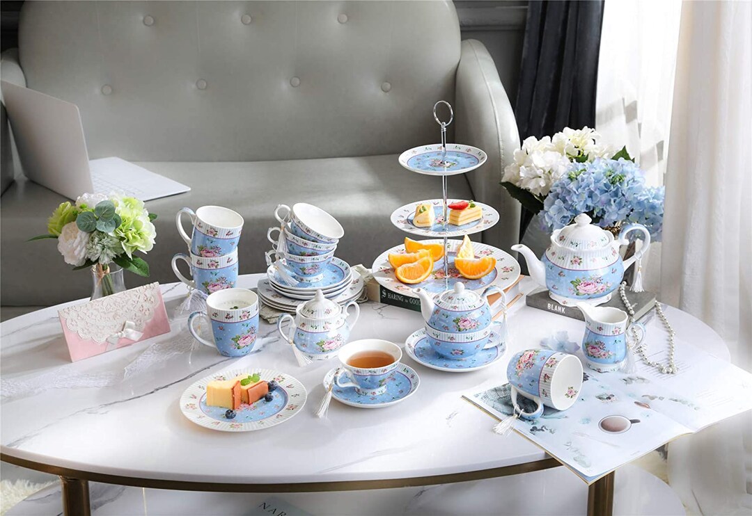 Blue Rose Tea Party Set: 3-tier Cake Stand, Teapot, Cups & Saucers - Etsy