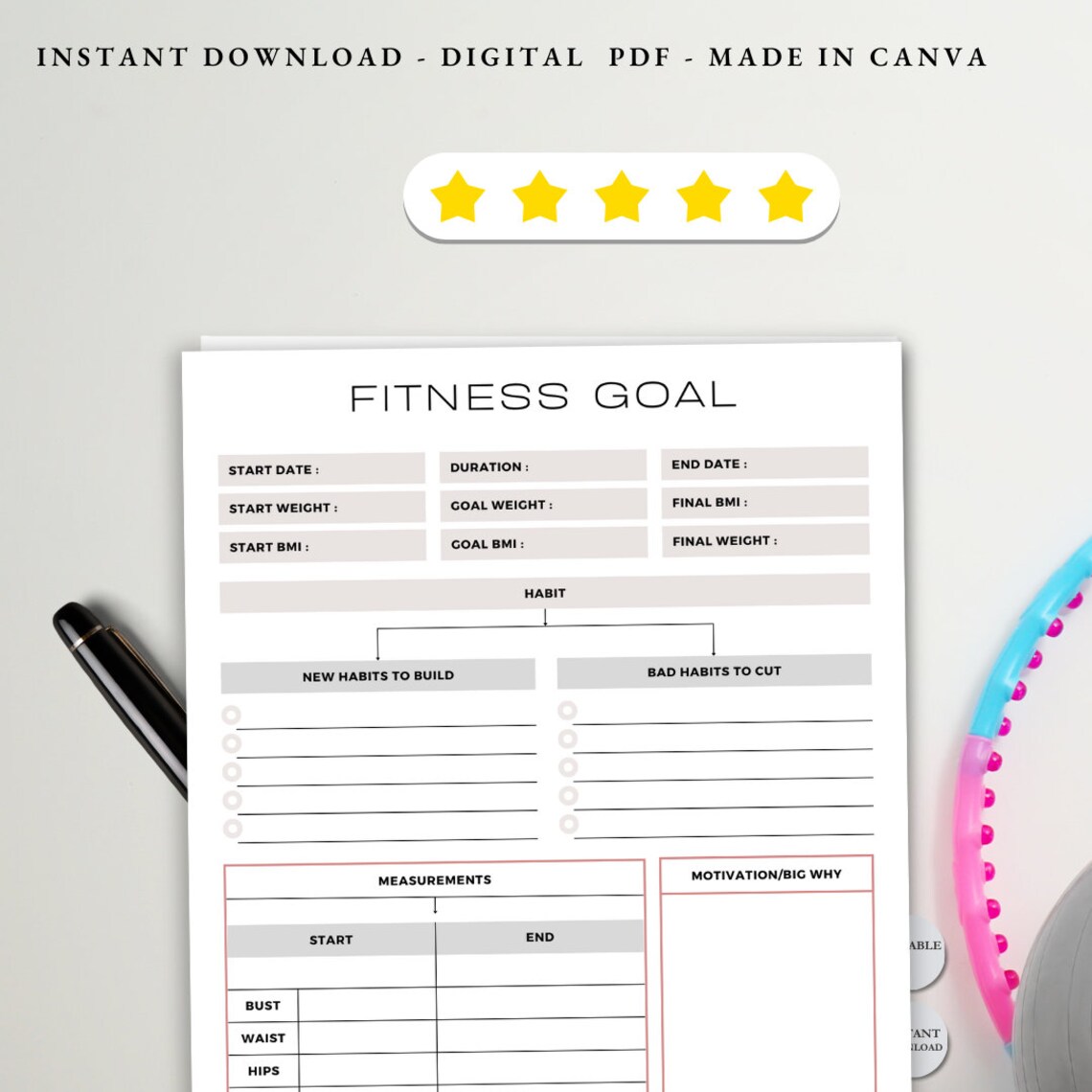 Elegant Fitness Goal Planner Sheet, Digital Planner, Health Tracker ...