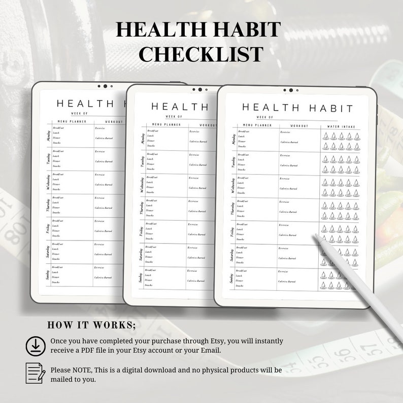 Black White Weekly Health Habit Tracker Planner, Digital Planner, Habit ...