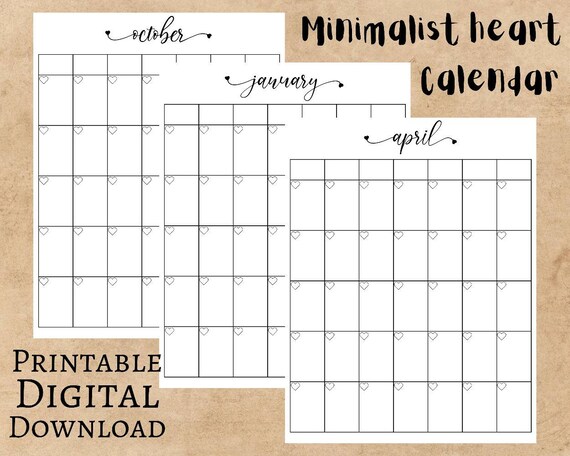 Minimalist Heart Calendar Printable Calendar Blank Calendar - Etsy